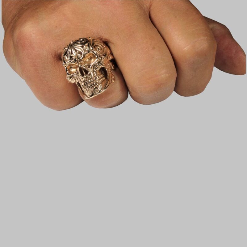 14K Solid Yellow Gold Ring, Sugar Mexican Skull Ring, Men Biker Ring ...