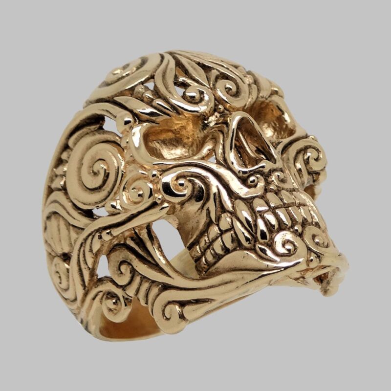 14K Solid Yellow Gold Ring, Sugar Mexican Skull Ring, Men Biker Ring ...