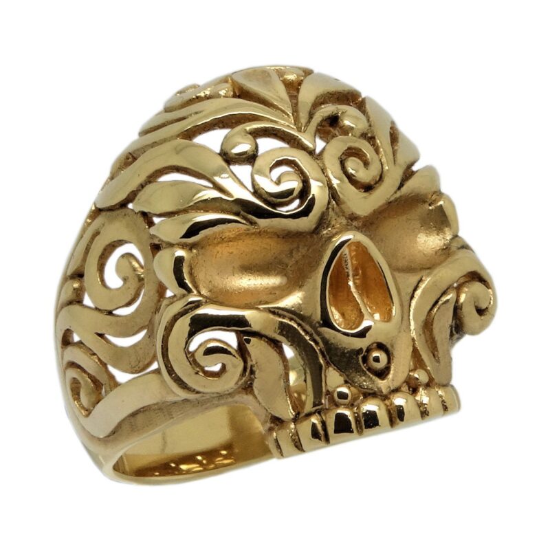 14K Yellow Gold Ring, Half Jaw Skull Ring, Sugar Mexican Skull, Men ...