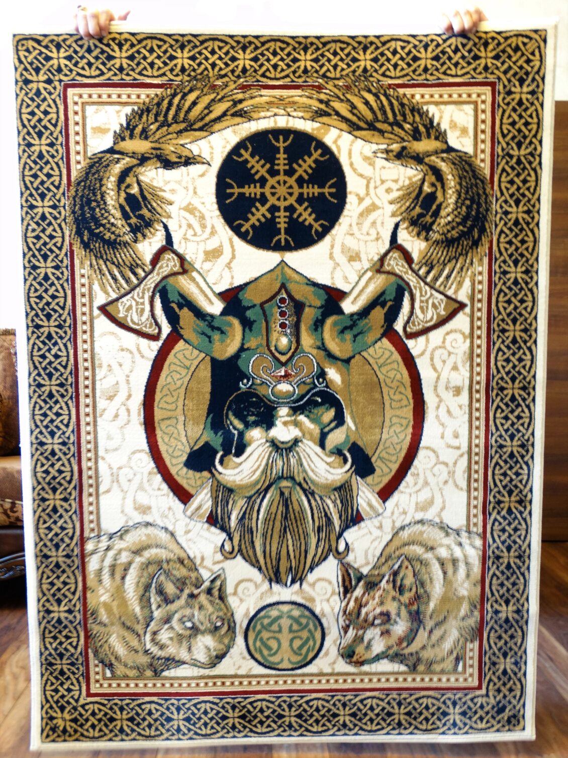 Viking Odin Woven Wall Tapestry Area Rug, Helm of Awe Aegishjalmur ...